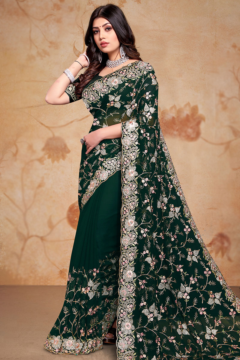 Embroidered Dark Emerald Green Georgette Heavy Saree SARV173603