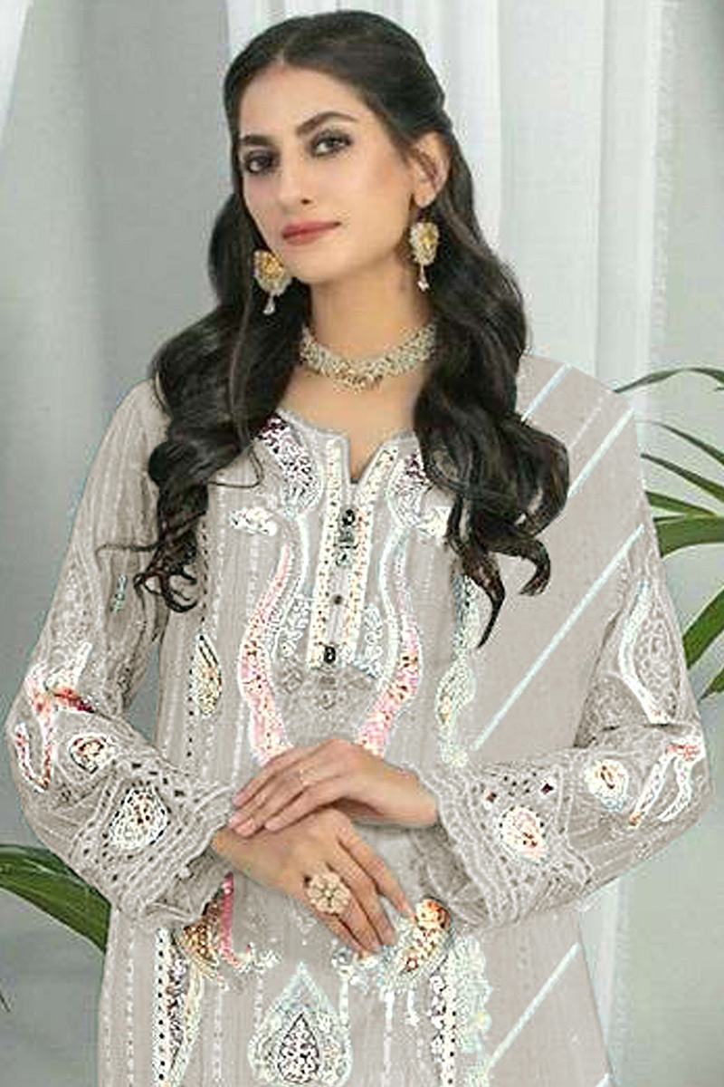 Embroidered Light Grey Georgette Straight Cut Trouser Suit LSTV129063