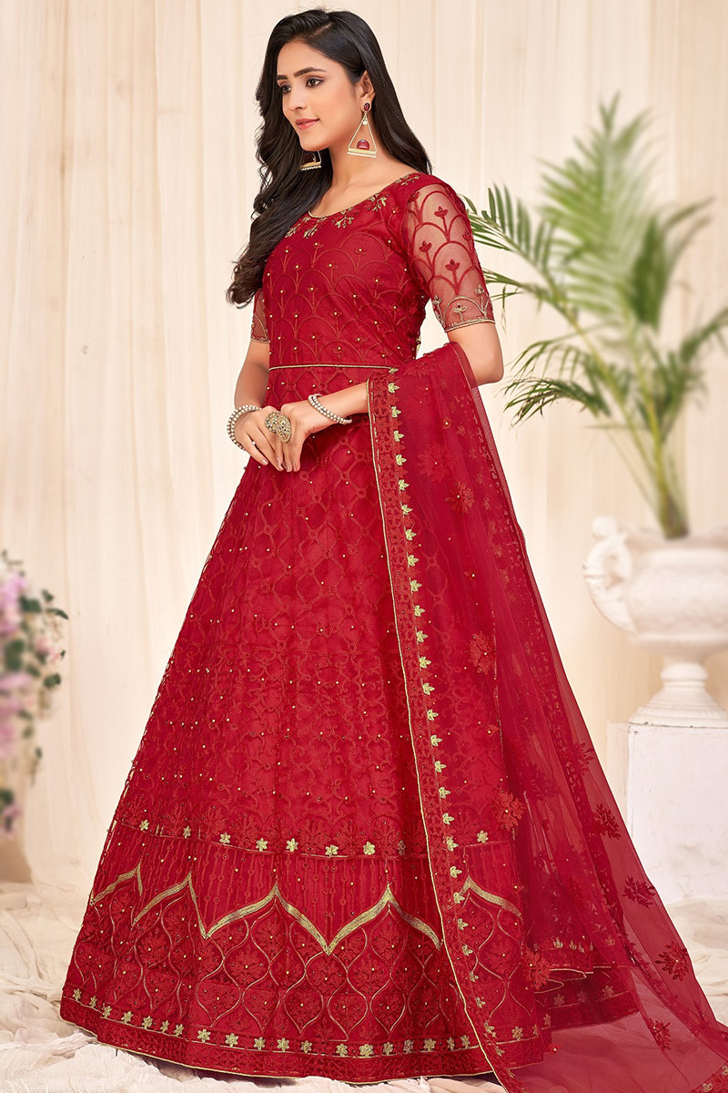 Embroidered Net Cherry Red Anarkali Suit LSTV121944