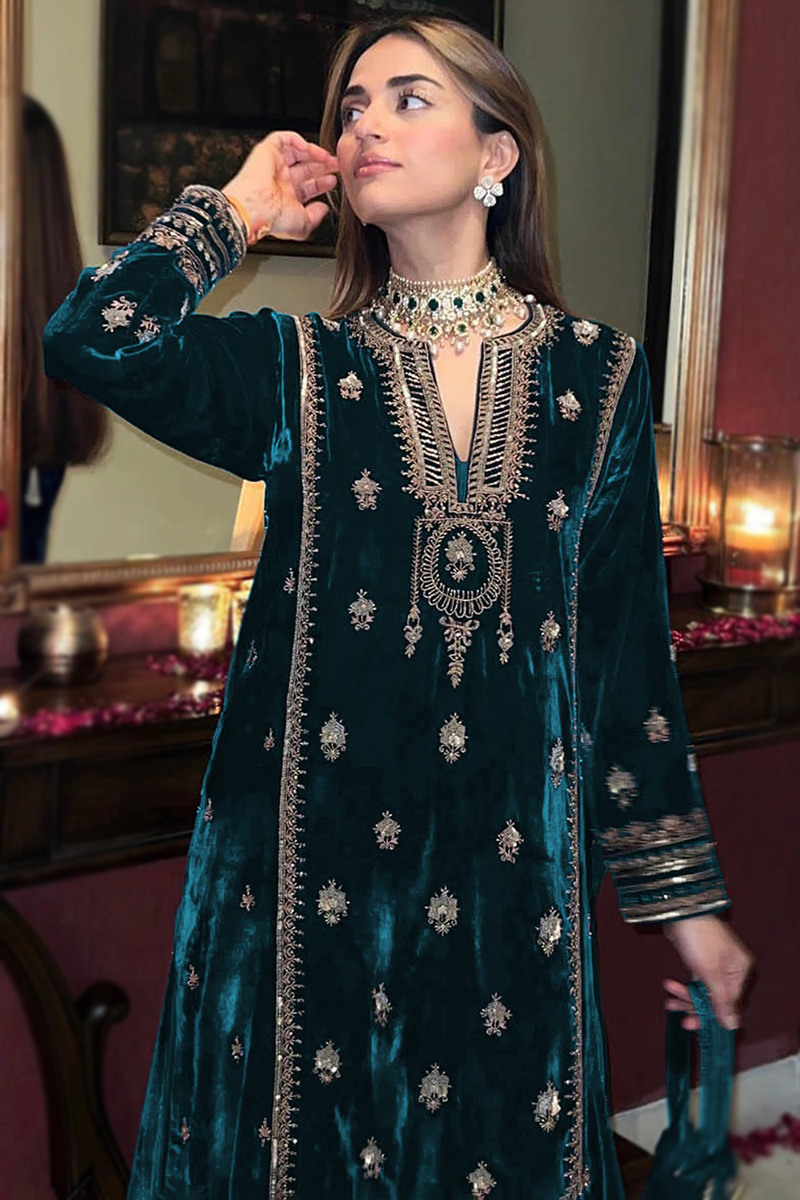 Embroidered Velvet Teal Blue Straight Cut Trouser Suit LSTV126342