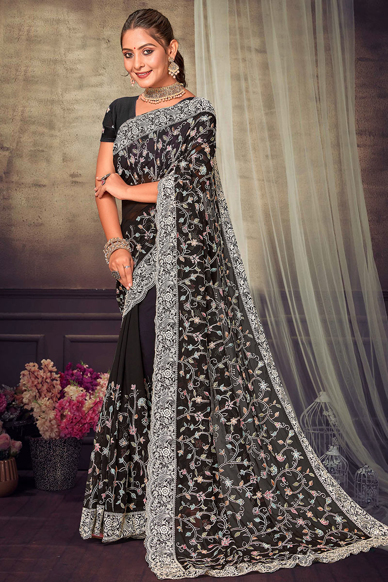 Georgette Black Resham Thread Embroidered Saree |SARV168226