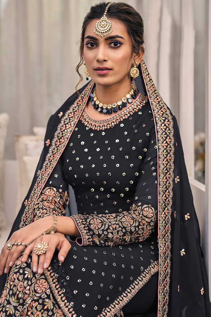 Georgette Black Resham Thread Embroidered Sharara Suit LSTV126326