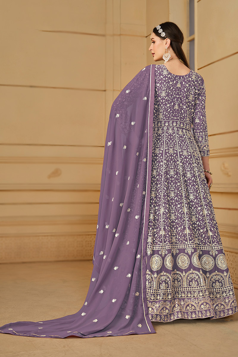 Georgette Dusty Mauve Resham Embroidered Anarkali Suit LSTV127988