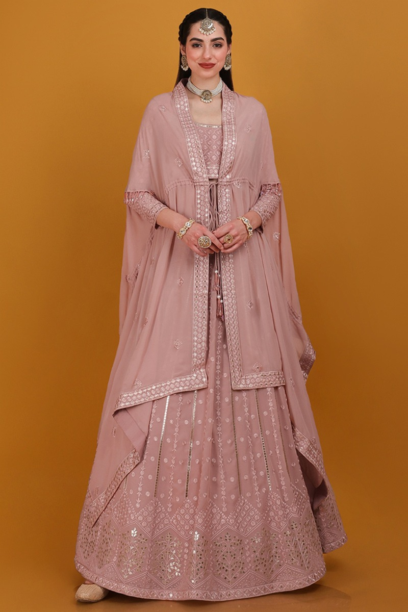 Buy Georgette Embroidered Pastel Pink Jacket Style Lehenga LLCV118162