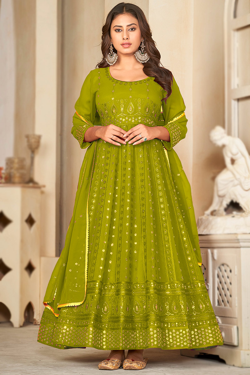 Georgette Olive Green Sequins Embroidered Anarkali Suit LSTV127877