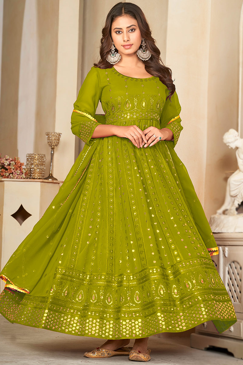 Georgette Olive Green Sequins Embroidered Anarkali Suit LSTV127877