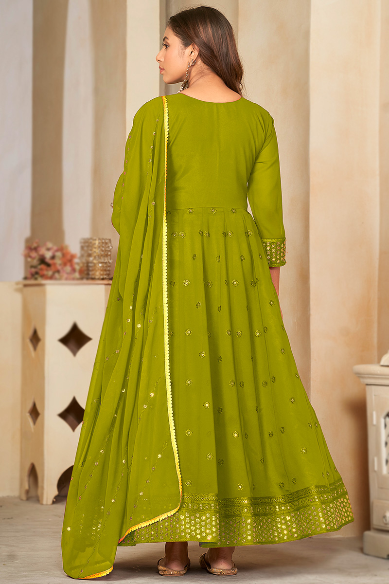 Georgette Olive Green Sequins Embroidered Anarkali Suit LSTV127877