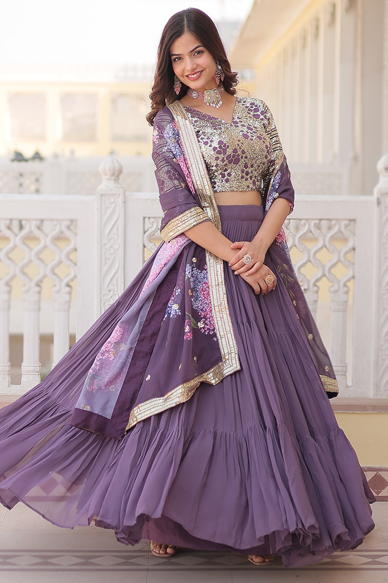 Georgette Sequins Embroidered Light Purple Flared Lehenga LLCV119064