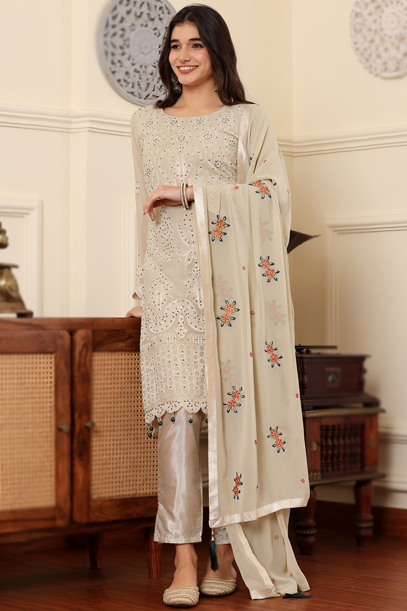 Light Beige Georgette Embroidered Straight Cut Trouser Suit LSTV128893