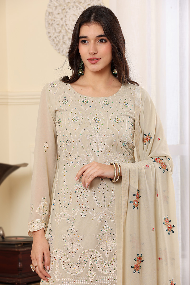 Light Beige Georgette Embroidered Straight Cut Trouser Suit LSTV128893