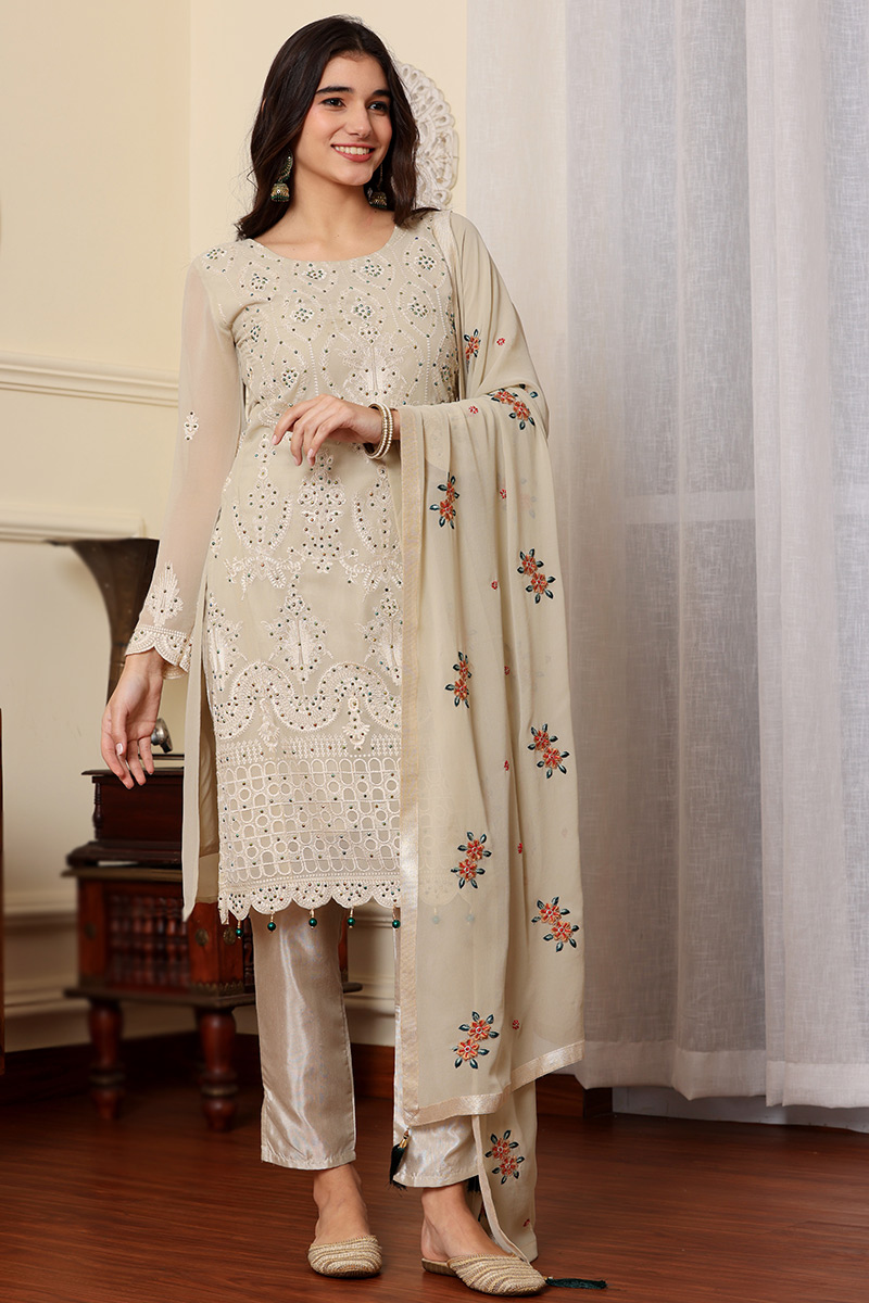 Light Beige Georgette Embroidered Straight Cut Trouser Suit LSTV128893