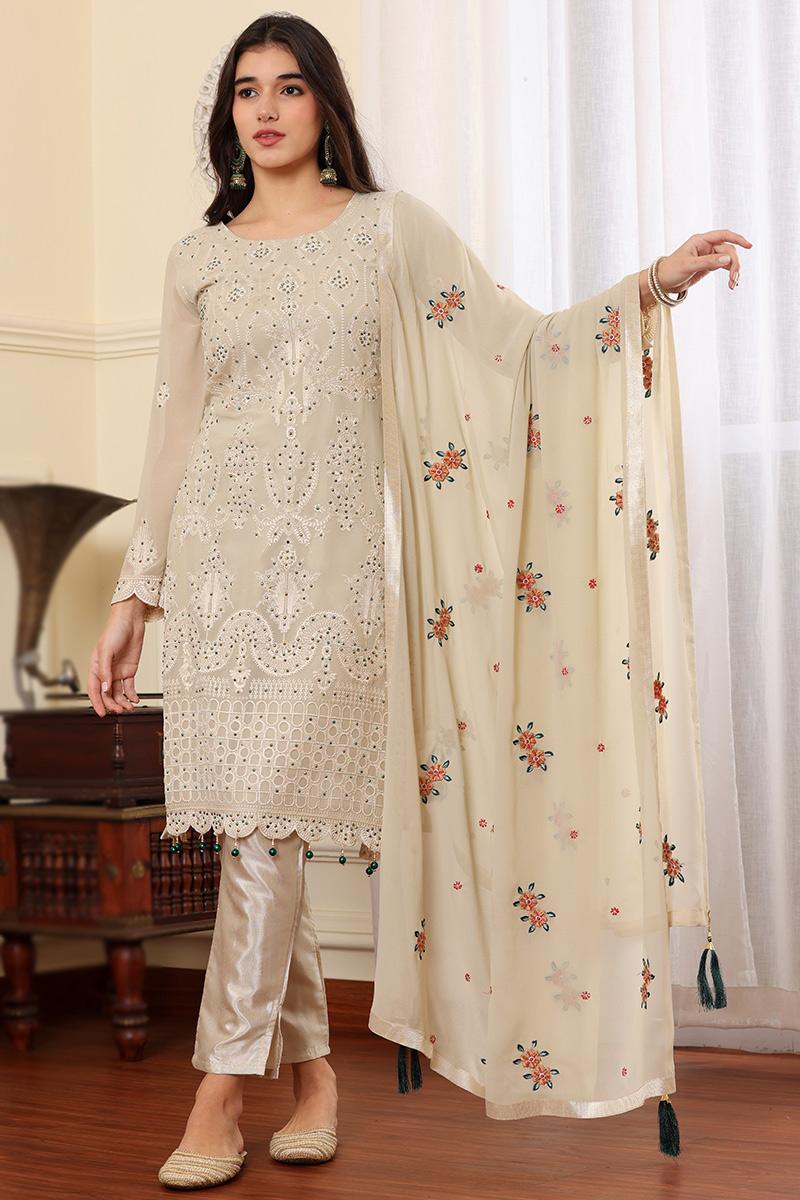 Light Beige Georgette Embroidered Straight Cut Trouser Suit LSTV128893