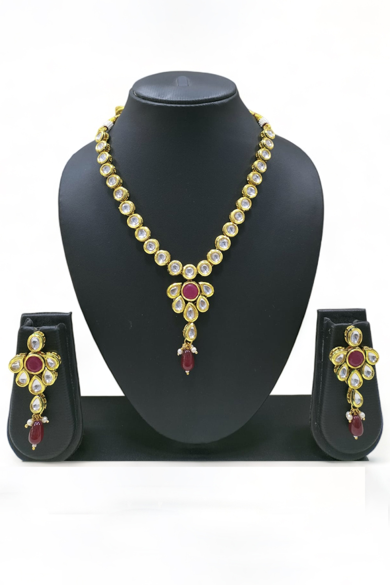 Andaaz Fashion Magenta Pink Gold Plated Kundan Necklace and Earrings Set