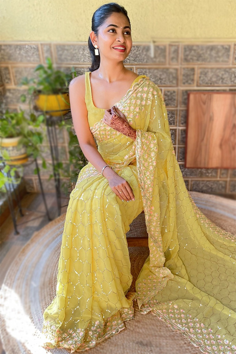 Mustard Yellow Georgette Sequins Embroidered Saree For Haldi SARV174483