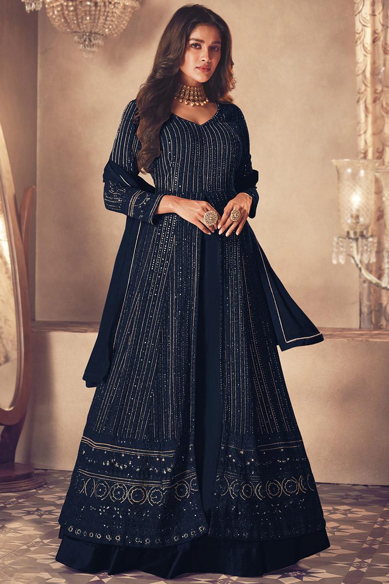 Navy Blue Georgette Embroidered Long Choli Lehenga LLCV117864