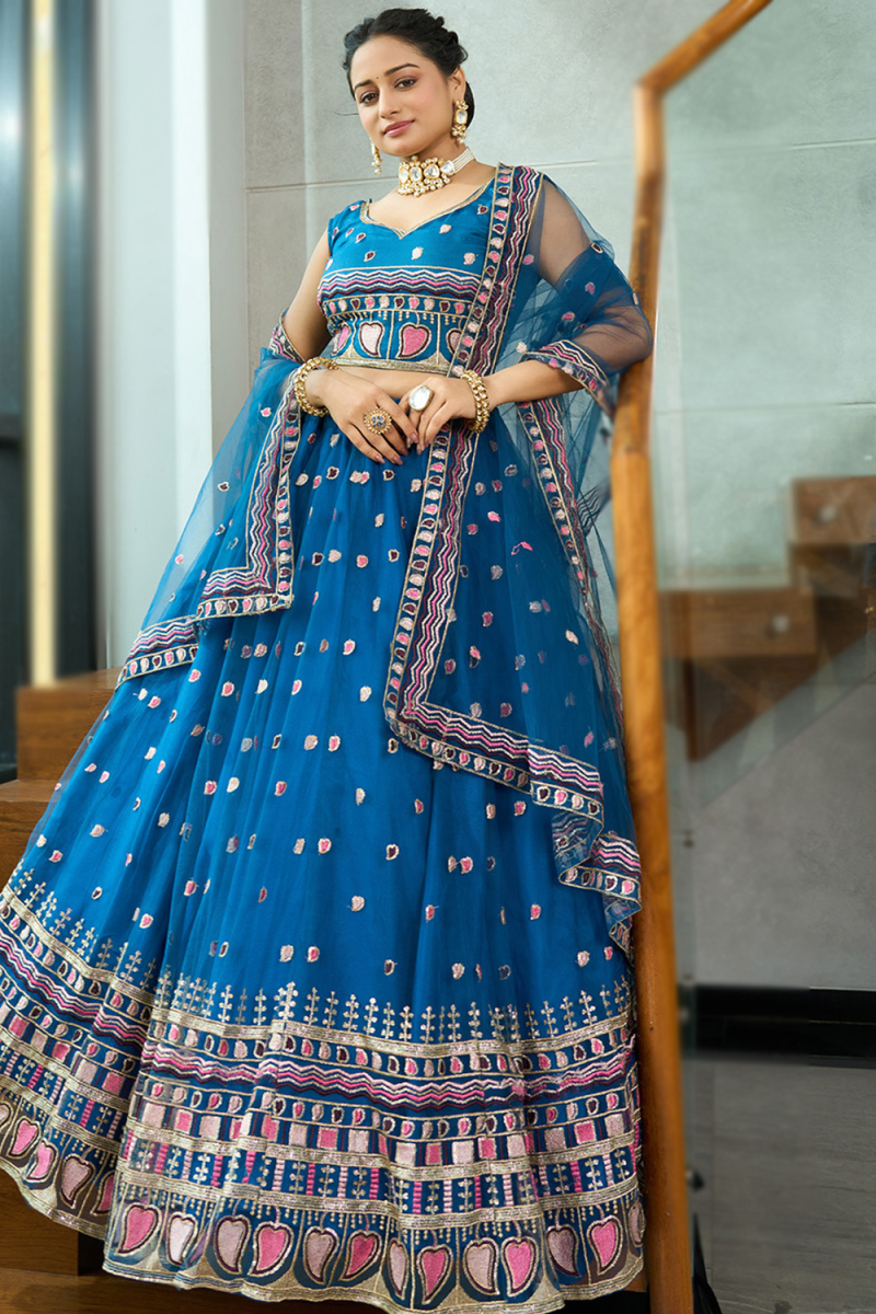 Net Sea Blue Embroidered Flared Style Lehenga LLCV119580