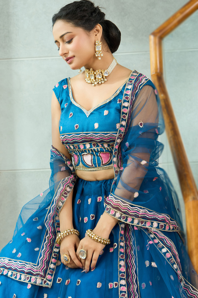 Net Sea Blue Embroidered Flared Style Lehenga LLCV119580