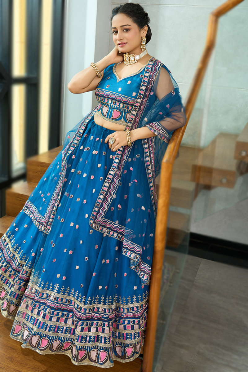 Net Sea Blue Embroidered Flared Style Lehenga LLCV119580
