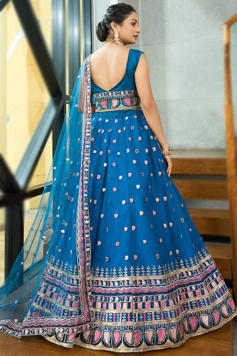 Net Sea Blue Embroidered Flared Style Lehenga LLCV119580