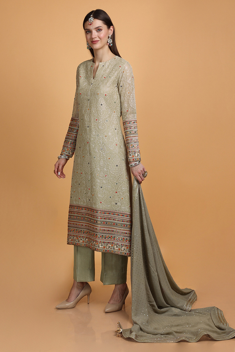 Buy Georgette Greenish Grey Straight Pant Suit LSTV122541