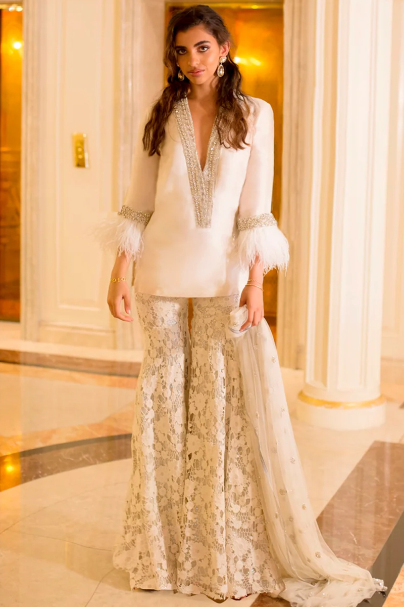 Ivory Cutdana Embroidered Silk Sharara Suit For Sangeet LSTV130381