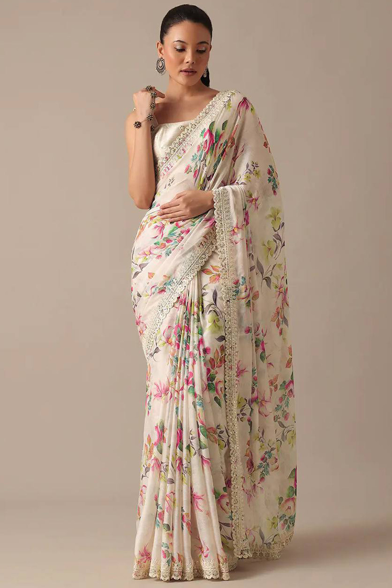 Off White Floral Print Chiffon Saree For Sangeet SARV176263
