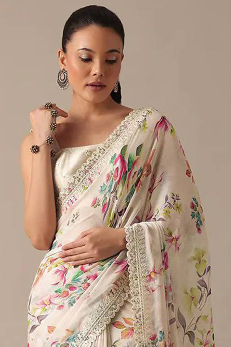 Off White Floral Print Chiffon Saree For Sangeet SARV176263