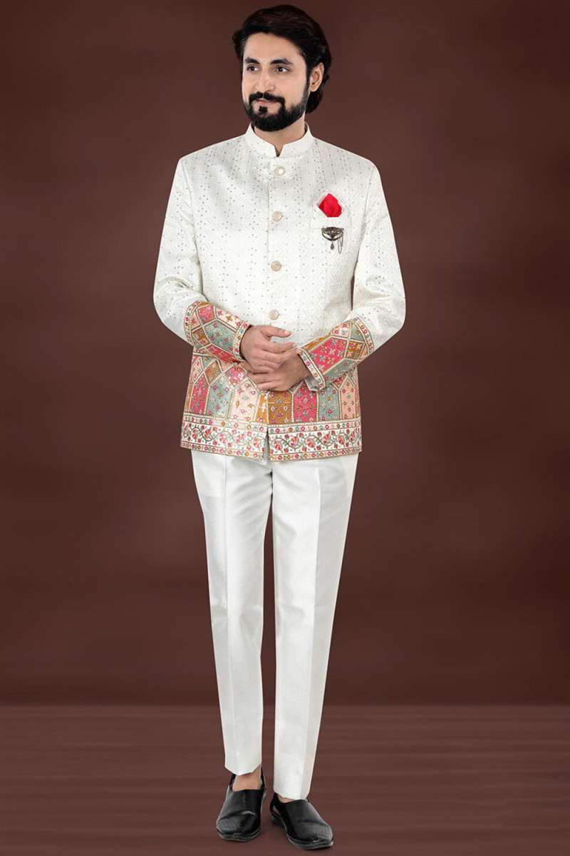Off White Silk Embroidered Jodhpuri Style Men's Sherwani MSTV04122