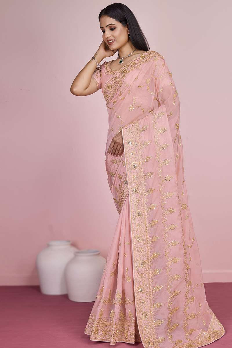 Pastel Pink Dori Embroidered Organza Lightweight Saree SARV179134