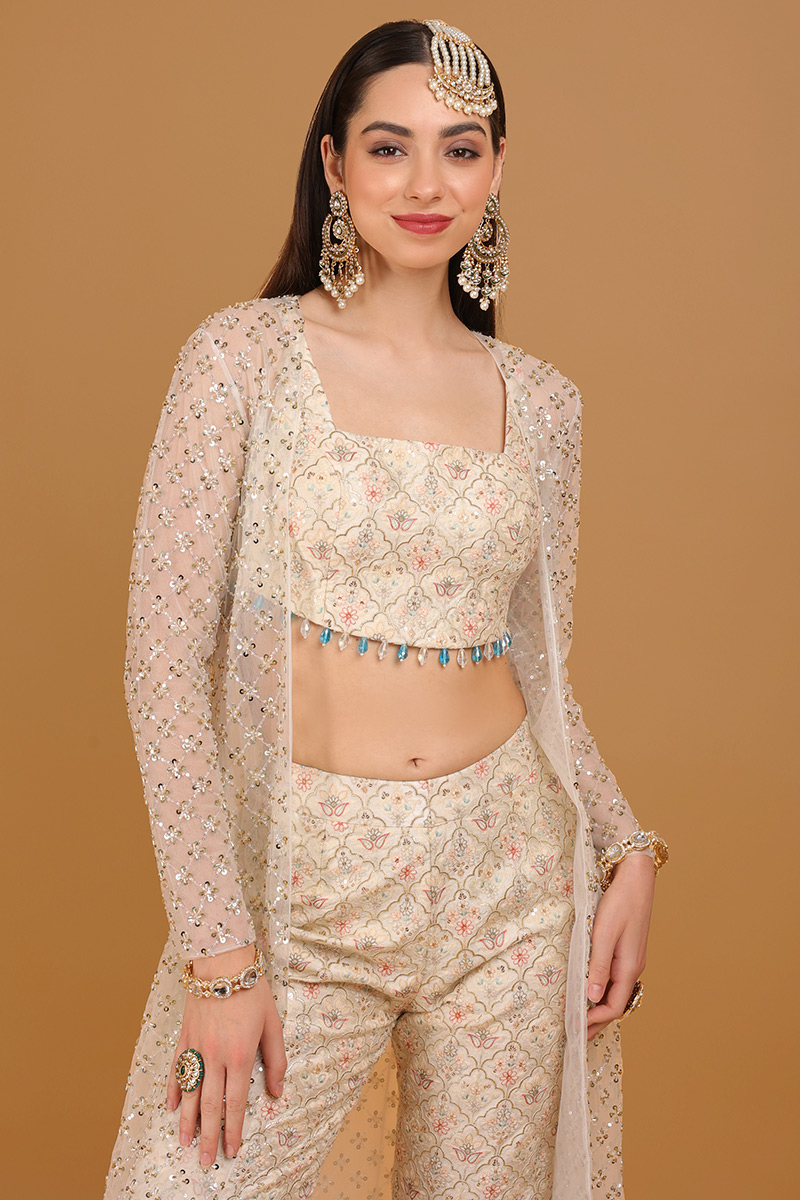 Silk Light Cream Embroidered Jacket Style Sharara Suit LSTV128429