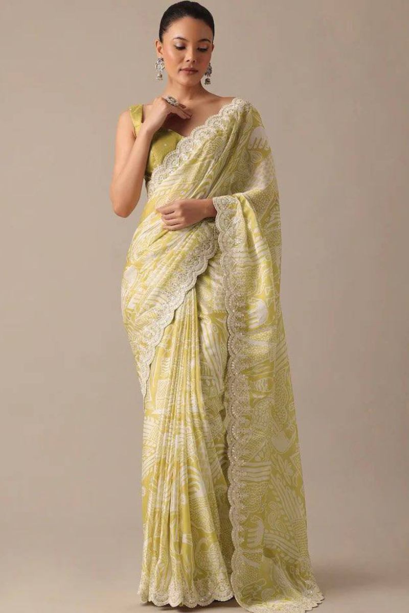 Pear Green Organza Printed Lightweight Saree For Mehndi SARV176265