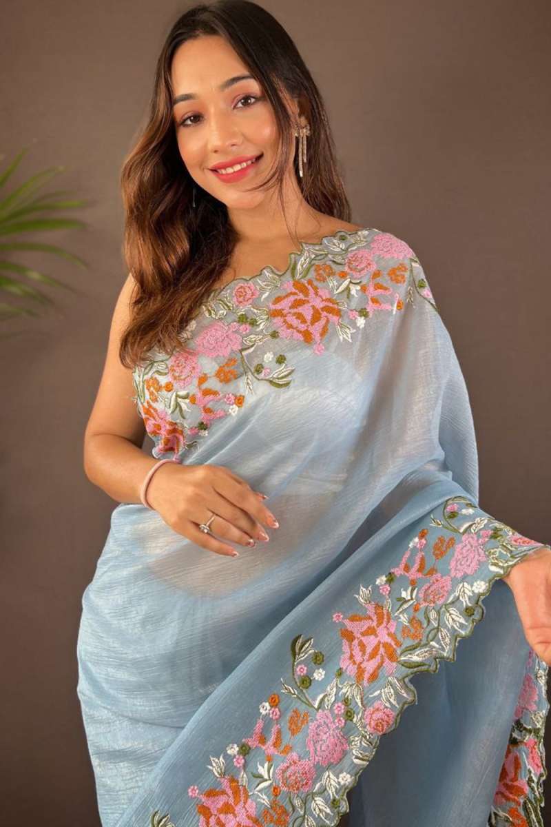Powder Blue Embroidered Silk Shimmer Saree SARV183028