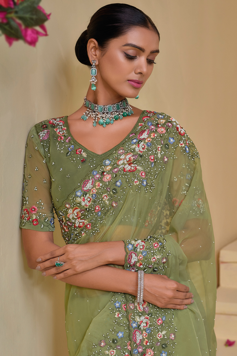 Sage Green Beads Embroidered Organza Saree For Mehndi SARV183202