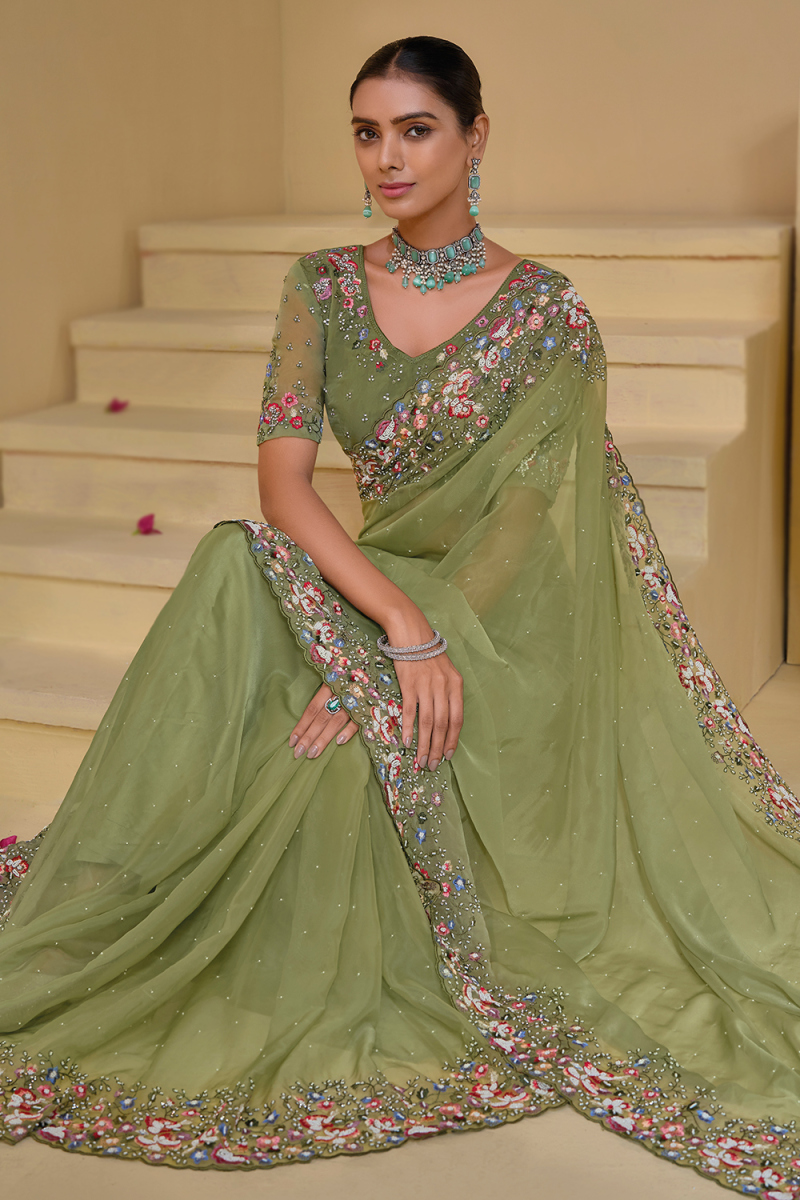 Sage Green Beads Embroidered Organza Saree For Mehndi SARV183202