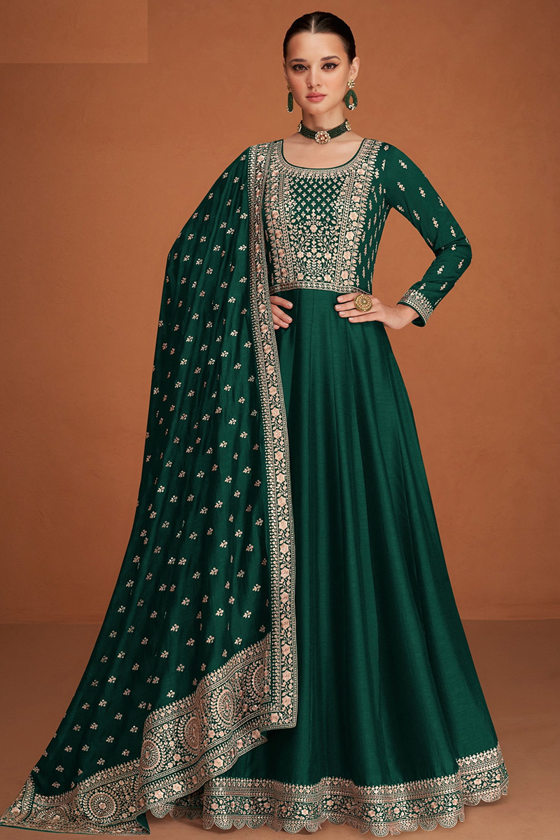 Sequins Embroidered Dark Green Silk A Line Anarkali Suit LSTV126056