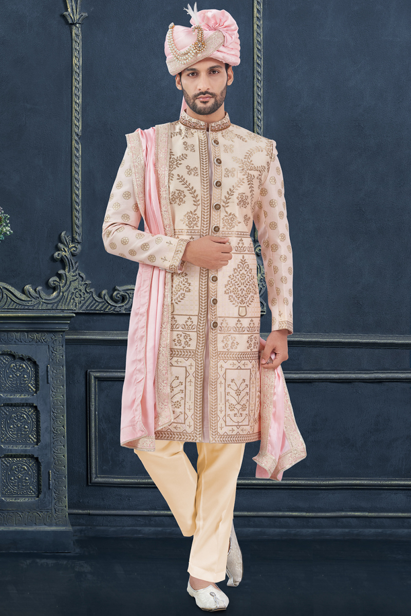Silk Blend Cream Beige Weaved Jacket Style Men's Sherwani MSTV04678