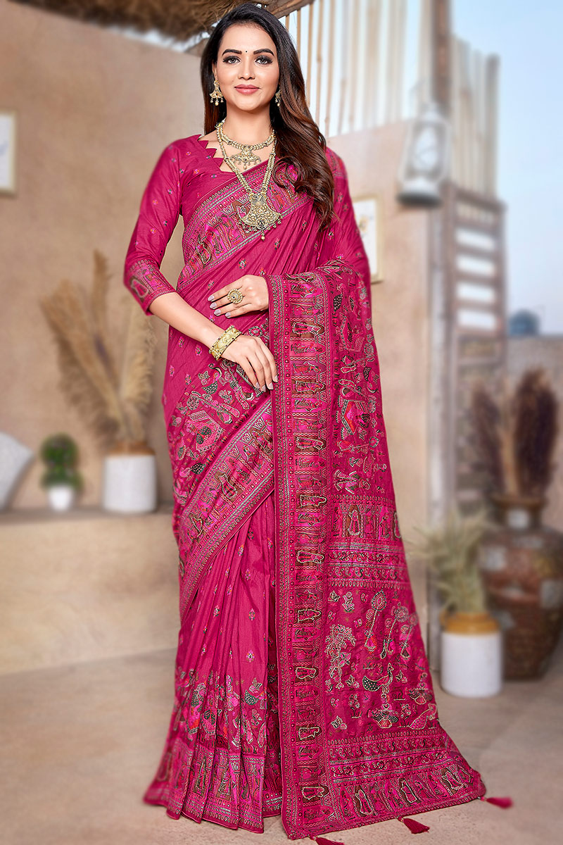 Silk Ruby Pink Weaved With Thread And Zari Sangeet Saree SARV181849