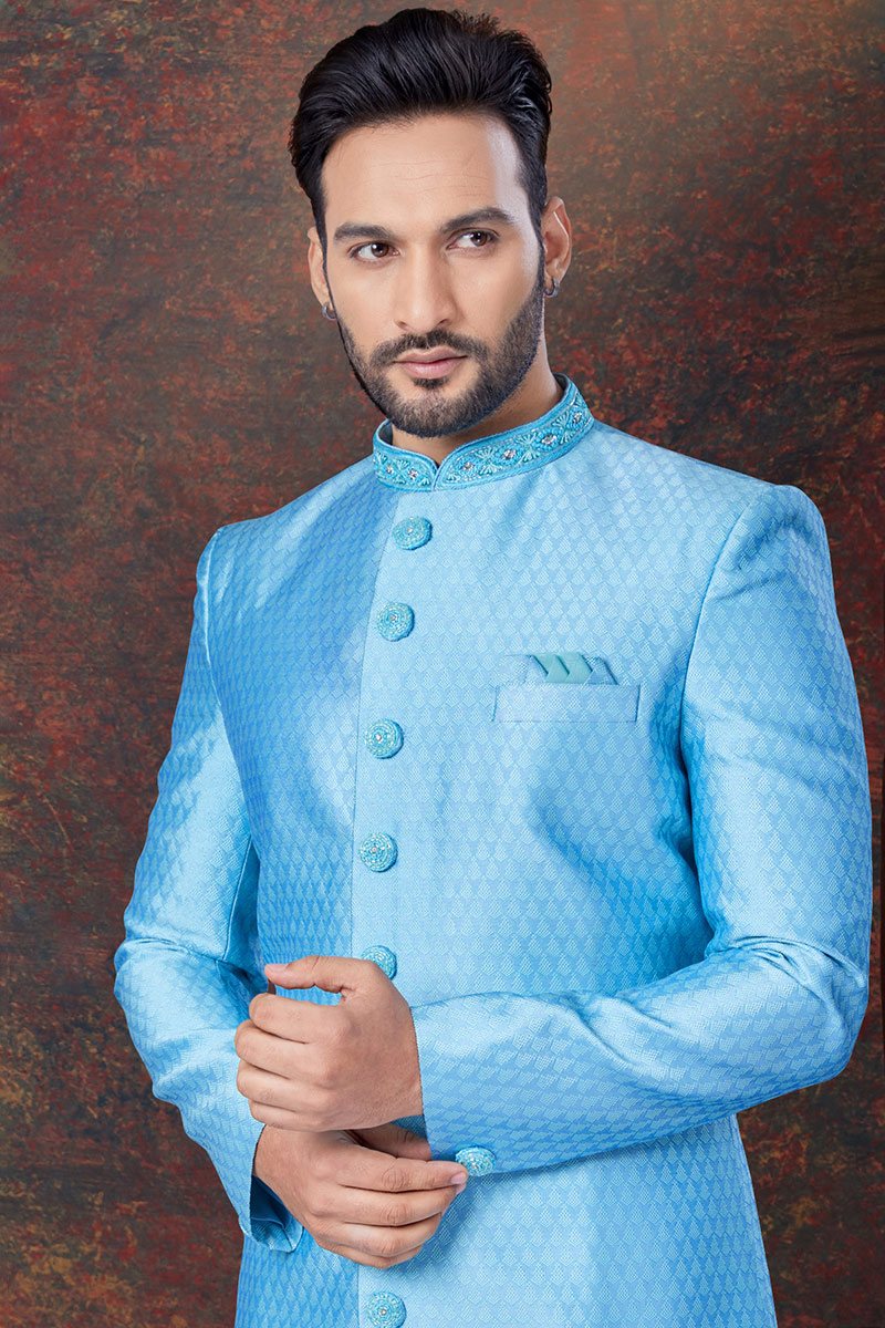 Sky Blue Silk Weaved Thread Men's Straight Cut Sherwani MSTV03894