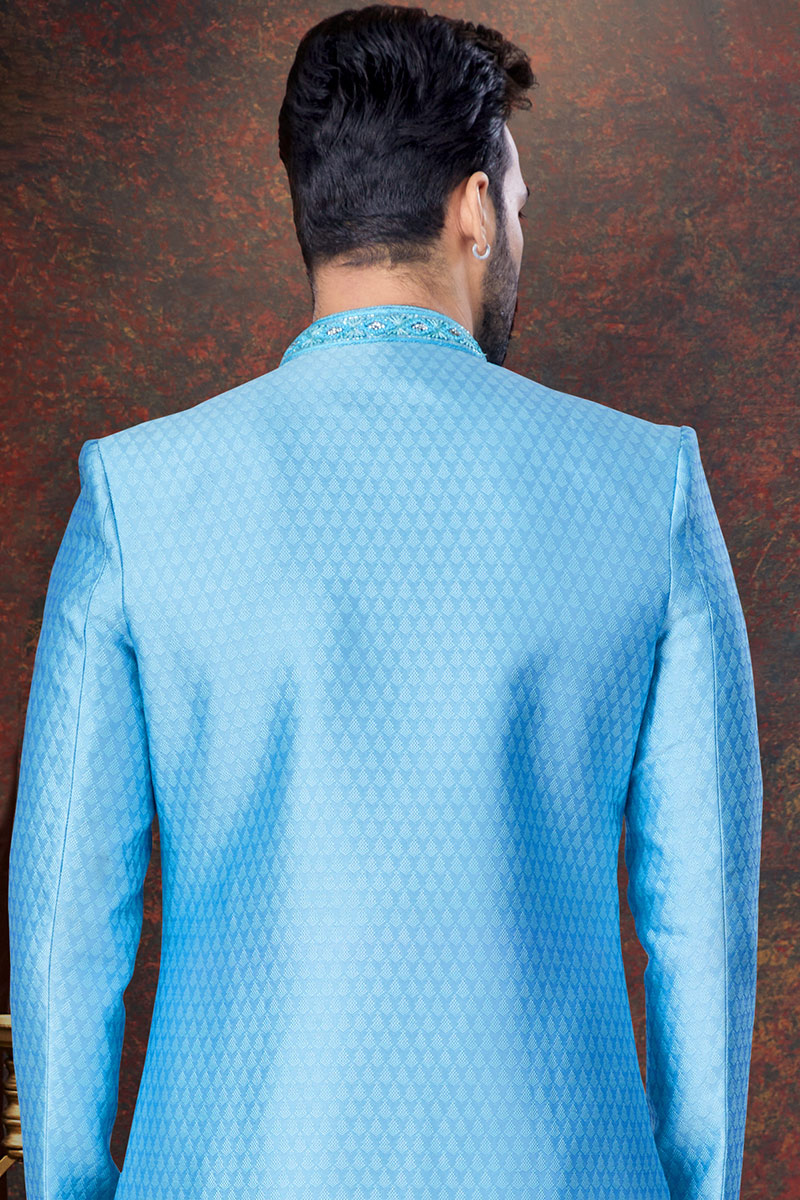 Sky Blue Silk Weaved Thread Men's Straight Cut Sherwani MSTV03894