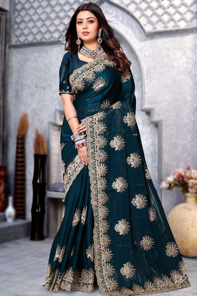 Teal Blue Crepe Silk Dori Embroiered Heavy Saree SARV173319