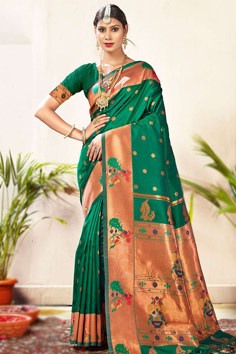 Traditional Dark Green Paithani Silk Weaved Zari Saree SARV162452