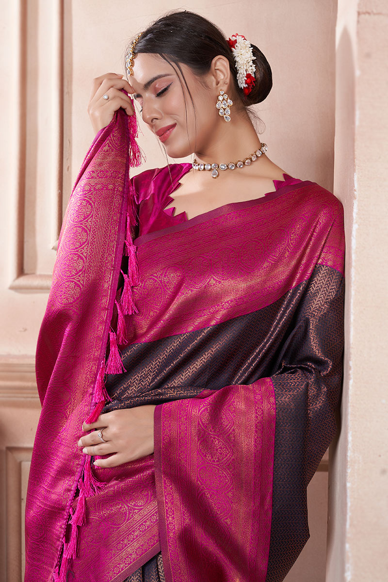 Weaved With Thread And Zari Silk Broad Border Dark Blue Saree SARV178101