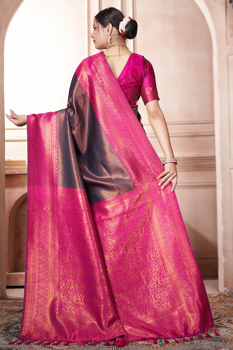Weaved With Thread And Zari Silk Broad Border Dark Blue Saree SARV178101
