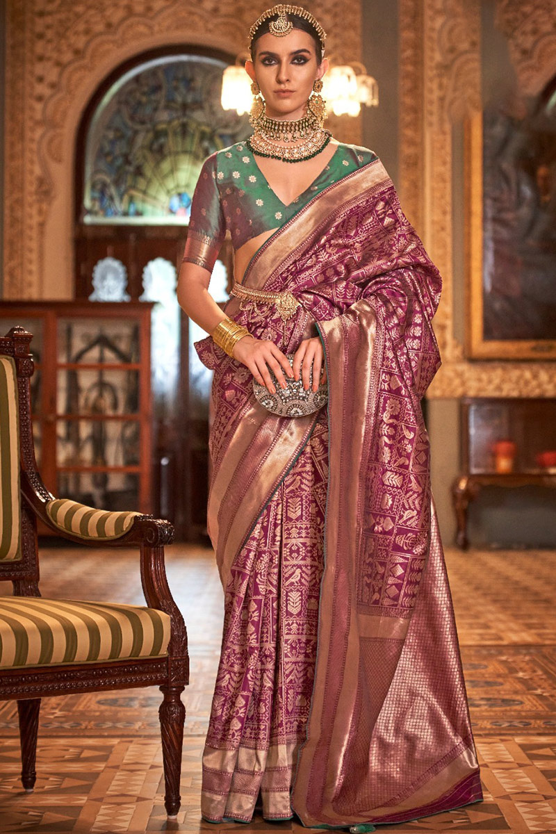 Wine Maroon Banarasi Silk Weaved Zari Broad Border Saree SARV166142