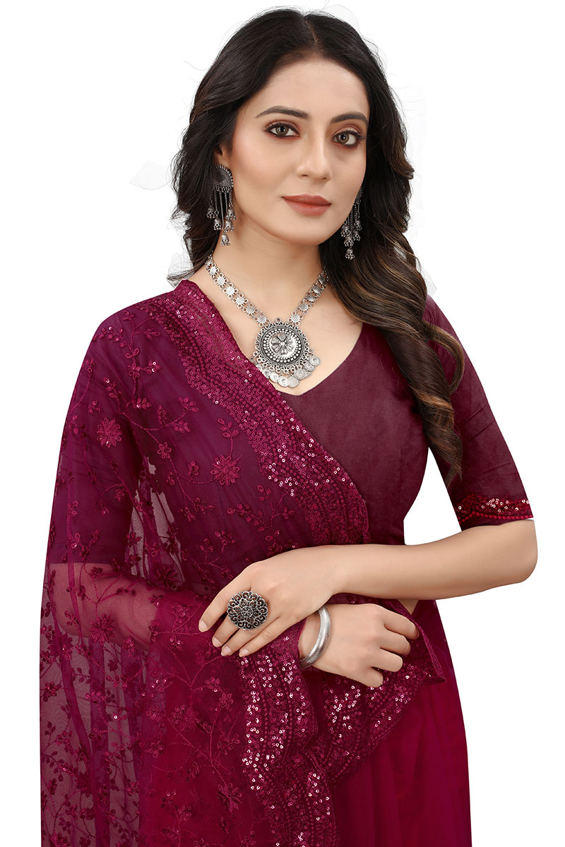 Buy Online Wine Maroon Net Embroidered Saree|SARV129497