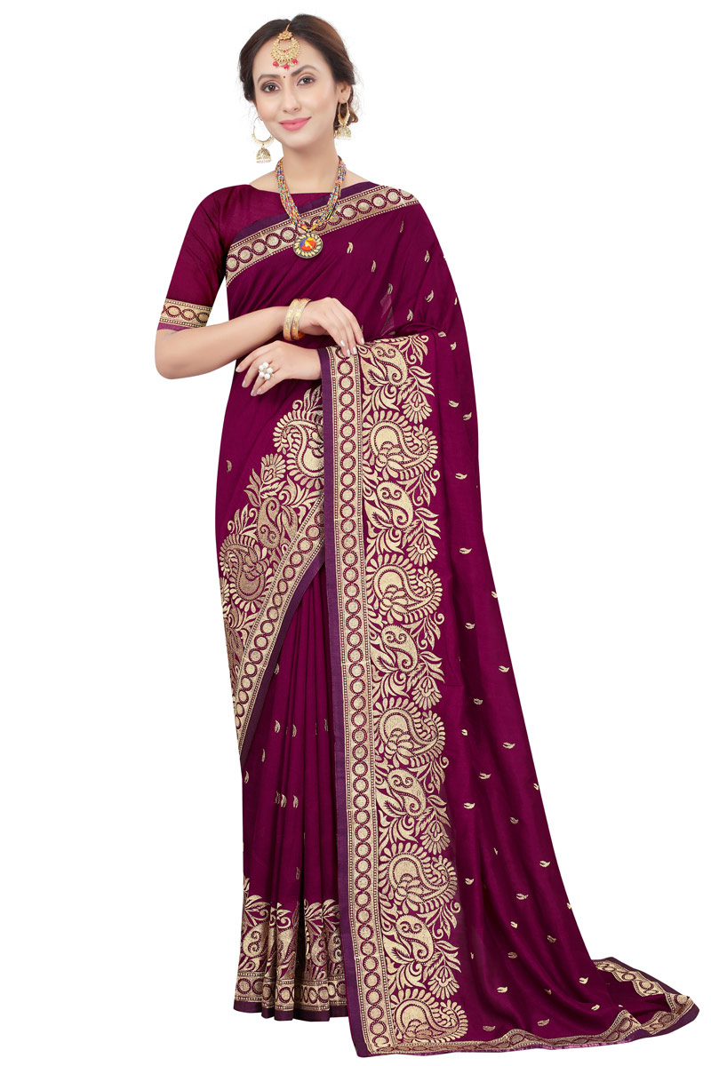 Wine Maroon Silk Embroidered Saree|SARV09365