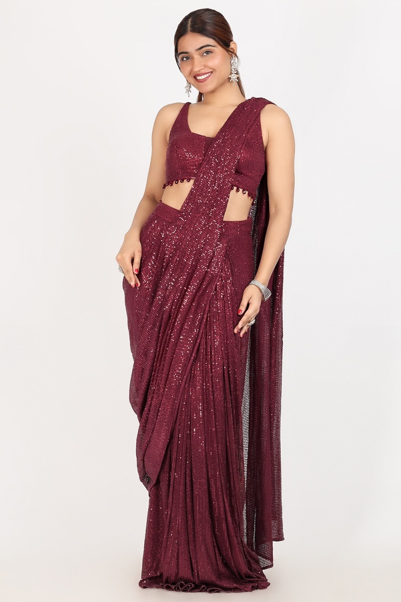 Dark Maroon Net Sequins Embroidered Heavy Saree SARV187879