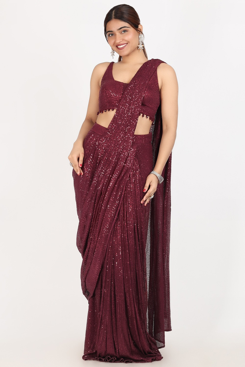 Dark Maroon Net Sequins Embroidered Heavy Saree SARV187879