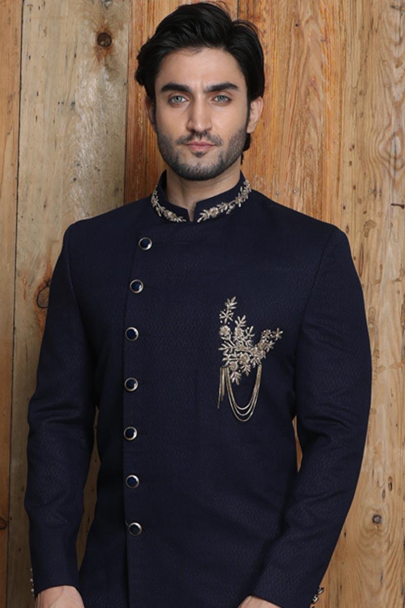 Buy Angrakha Style Sherwani In Dark Blue Colour Online - MSTV00167