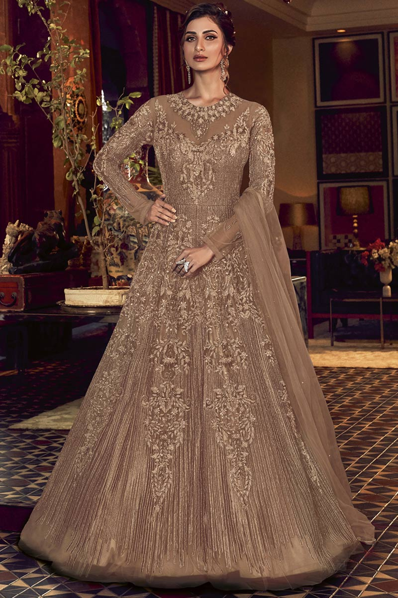 Festival Attire Beige Anarkali Suit with Stone Work LSTV08415